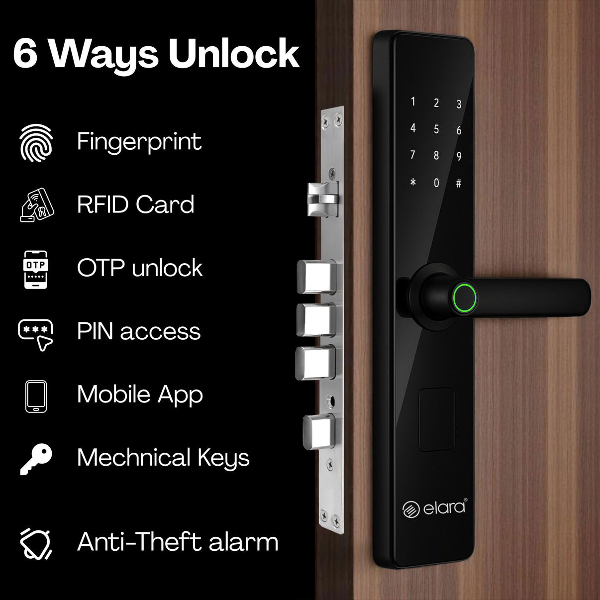 Elara Echo Lite Smart Door Lock, Fingerprint, Card, App, OTP, Keys, PI ...
